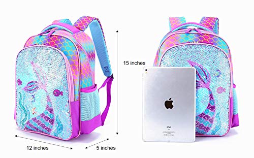 Reversible Sequin School Backpack Lightweight Little Kid Book Bag for Preschool Kindergarten Elementary (15", Mermaid)