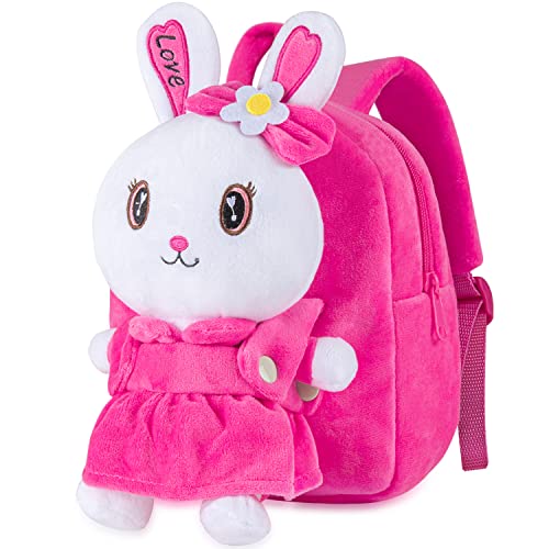 Kids Toddler Backpack Baby Girl Backpack with Stuffed Bunny Mini Plush Toys for Toddler Girls Gifts 2 3 4 5 6 Years Old Easter Gift Little Doll Stuffed Animal Rabbit Plushie Schoolbag Rose Red 9.8''