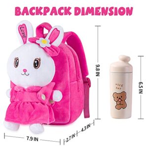 Kids Toddler Backpack Baby Girl Backpack with Stuffed Bunny Mini Plush Toys for Toddler Girls Gifts 2 3 4 5 6 Years Old Easter Gift Little Doll Stuffed Animal Rabbit Plushie Schoolbag Rose Red 9.8''