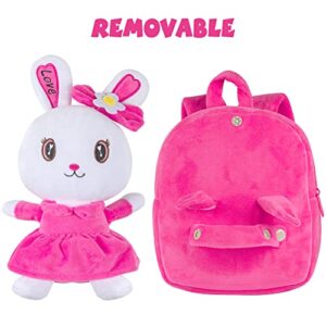 Kids Toddler Backpack Baby Girl Backpack with Stuffed Bunny Mini Plush Toys for Toddler Girls Gifts 2 3 4 5 6 Years Old Easter Gift Little Doll Stuffed Animal Rabbit Plushie Schoolbag Rose Red 9.8''