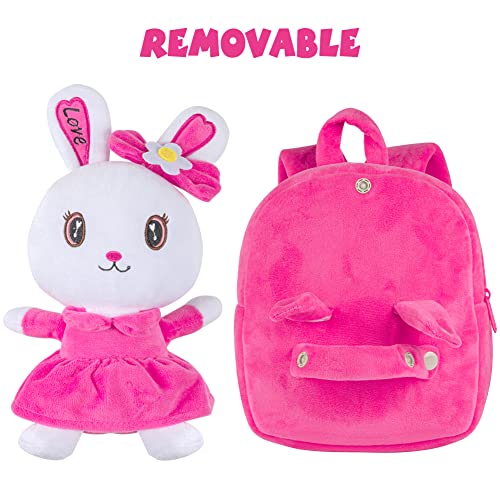 Kids Toddler Backpack Baby Girl Backpack with Stuffed Bunny Mini Plush Toys for Toddler Girls Gifts 2 3 4 5 6 Years Old Easter Gift Little Doll Stuffed Animal Rabbit Plushie Schoolbag Rose Red 9.8''