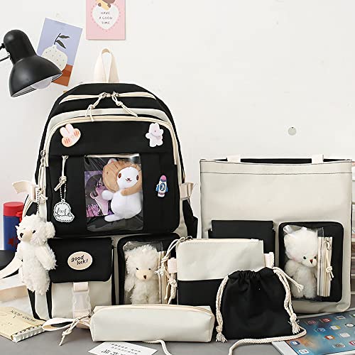 Cute Backpack with Cute Plushes and Pins 5Pcs Set Cute Travel Rucksack School Bag Aesthetic Backpack for Girls