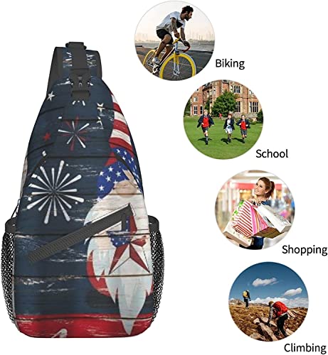 Stylish Chest Sling Bag American Flag Funny Gnomes with Texas Star,Crossbody Shoulder Backpack Adjustable Chest Bag Lightweight Casual Daypack for Men Women Outdoor Sports Biking Hiking Shopping