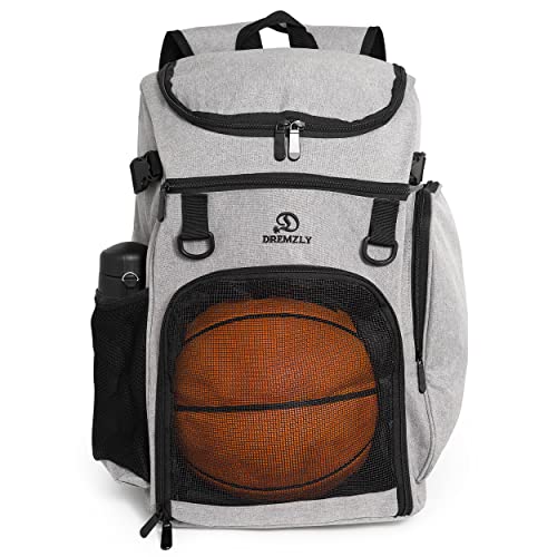 Dremzly Large Gray Adult Sports Gym Backpack for Men and Women with Ball Compartment for Basketball, Volleyball, Soccer, or Rugby