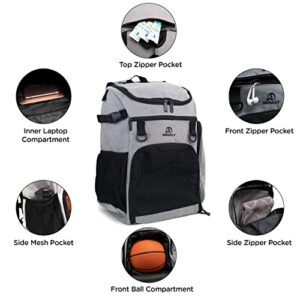 Dremzly Large Gray Adult Sports Gym Backpack for Men and Women with Ball Compartment for Basketball, Volleyball, Soccer, or Rugby