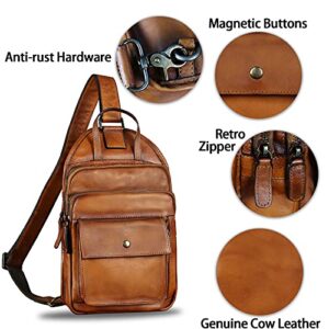 IVTG Genuine Leather Sling Bag for Men Vintage Crossbody Hiking Shoulder Bag Backpack Retro Cowhide Handmade Casual Daypack Purse Fanny Bag (Brown)