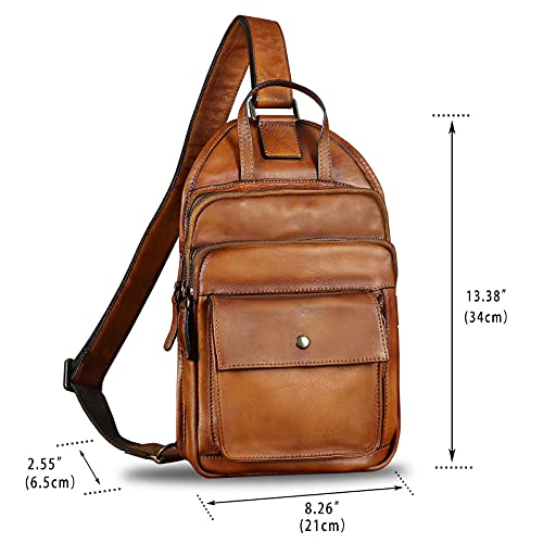 IVTG Genuine Leather Sling Bag for Men Vintage Crossbody Hiking Shoulder Bag Backpack Retro Cowhide Handmade Casual Daypack Purse Fanny Bag (Brown)