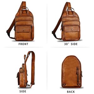 IVTG Genuine Leather Sling Bag for Men Vintage Crossbody Hiking Shoulder Bag Backpack Retro Cowhide Handmade Casual Daypack Purse Fanny Bag (Brown)