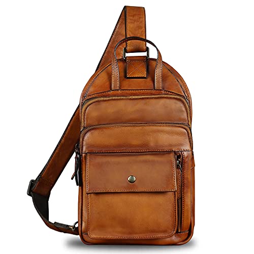 IVTG Genuine Leather Sling Bag for Men Vintage Crossbody Hiking Shoulder Bag Backpack Retro Cowhide Handmade Casual Daypack Purse Fanny Bag (Brown)