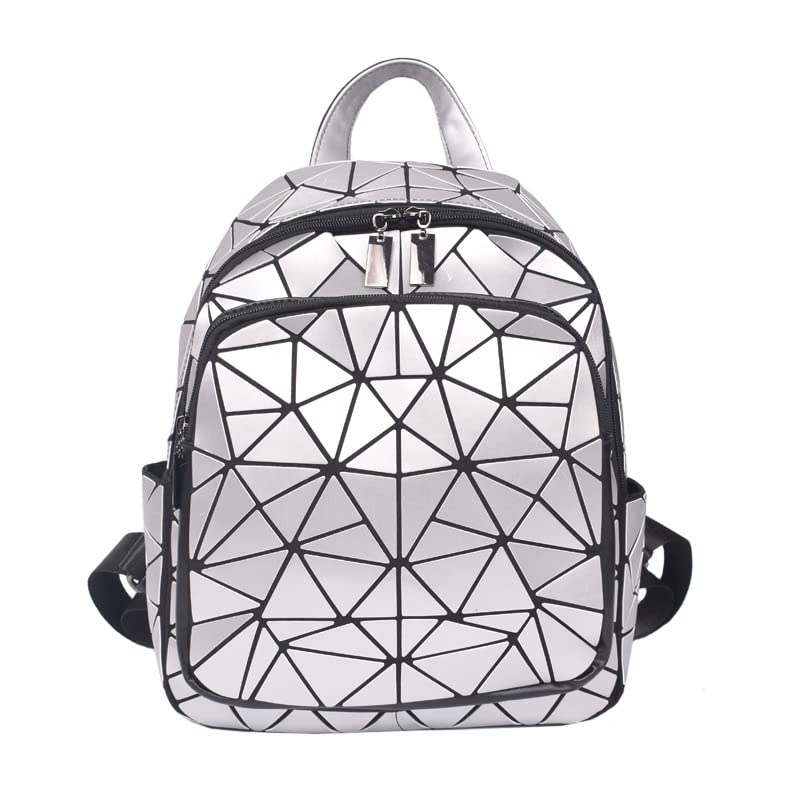 Geometric Luminous Ladies Backpack Wallet Holographic Reflective Backpack Diamond Travel Backpack (Silver)