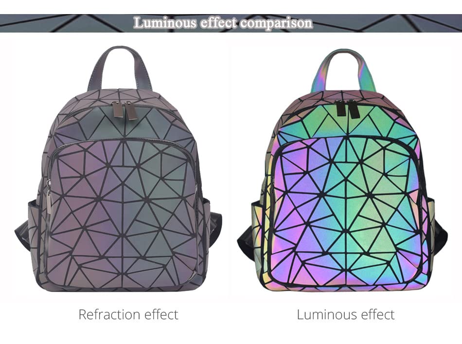 Geometric Luminous Ladies Backpack Wallet Holographic Reflective Backpack Diamond Travel Backpack (Silver)