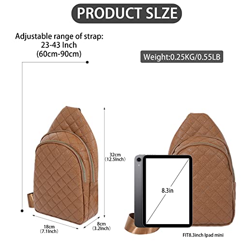 EMBRUNIOICE Vegan Leather Sling Bag for Women Quilted Crossbody Sling Backpack for Cycling Hiking Travel（Brown）