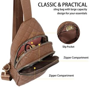 EMBRUNIOICE Vegan Leather Sling Bag for Women Quilted Crossbody Sling Backpack for Cycling Hiking Travel（Brown）