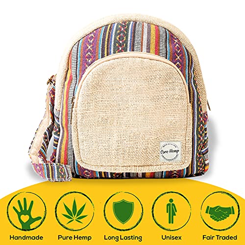 Smell Proof Hemp Mini Backpack - Premium Material Handmade in Nepal - Includes Dog Tested Odor Locking Velcro Bag (7x6 Inches), for Men and Women (Multi-colored (New Logo))