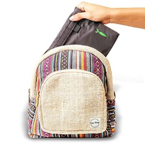 Smell Proof Hemp Mini Backpack - Premium Material Handmade in Nepal - Includes Dog Tested Odor Locking Velcro Bag (7x6 Inches), for Men and Women (Multi-colored (New Logo))