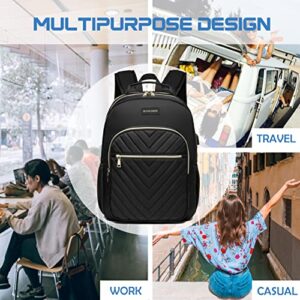 Laptop Backpack for Women, Fashion Quilted Backpack Purse, Anti Theft Computer Travel Backpack with USB Charging Port, Water Resistant Work Backpack for Men, Teacher/Nurse Bag 15.6-Inch, Black