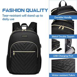 Laptop Backpack for Women, Fashion Quilted Backpack Purse, Anti Theft Computer Travel Backpack with USB Charging Port, Water Resistant Work Backpack for Men, Teacher/Nurse Bag 15.6-Inch, Black