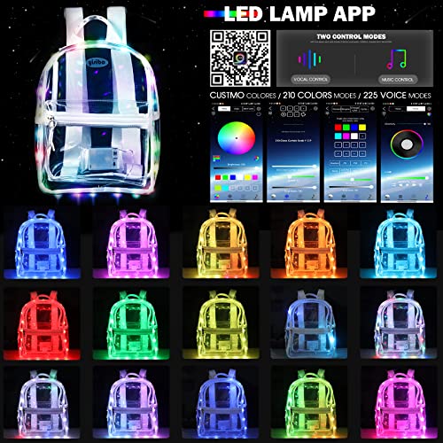 yisibo LED Strip Lights Clear Backpack,8 RGB Colors with 10 Flashing Mode,4 Music Mode and 4 Timer,TPU Transparent Waterproof Heavy Duty See Through Backpack for Music Festival,Stadium Approved,School