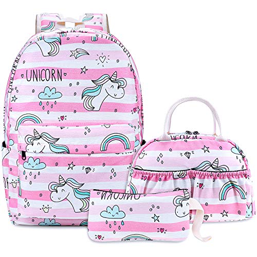 Rainbow Unicorn Backpack Kids School Bag 3-in-1 Bookbag Set, Junlion Twinkle Laptop Backpack Lunch Bag Pencil Case for Teen Girls Womens