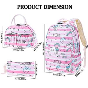 Rainbow Unicorn Backpack Kids School Bag 3-in-1 Bookbag Set, Junlion Twinkle Laptop Backpack Lunch Bag Pencil Case for Teen Girls Womens