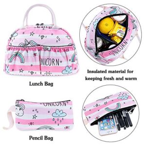 Rainbow Unicorn Backpack Kids School Bag 3-in-1 Bookbag Set, Junlion Twinkle Laptop Backpack Lunch Bag Pencil Case for Teen Girls Womens