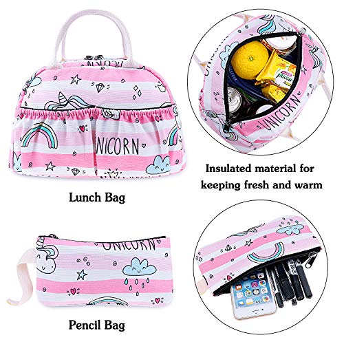 Rainbow Unicorn Backpack Kids School Bag 3-in-1 Bookbag Set, Junlion Twinkle Laptop Backpack Lunch Bag Pencil Case for Teen Girls Womens