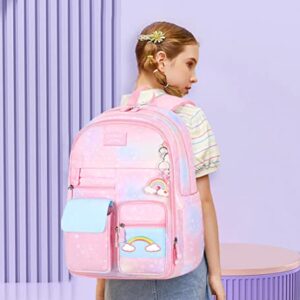 School Backpack for Girls, Lightweight Waterproof Cute Rainbow School Bookbag for Teen Kids Students Elementary (Rainbow Pink)