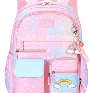 School Backpack for Girls, Lightweight Waterproof Cute Rainbow School Bookbag for Teen Kids Students Elementary (Rainbow Pink)