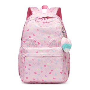 reqinqin kids backpack girls and boys pink waterproof large space school backpack suitable for age for over 6 years old lightweight travel cat ear heart keychain toddler backpack（pink heart）