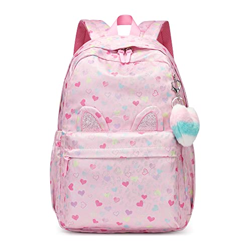 Reqinqin Kids Backpack Girls And Boys Pink Waterproof Large Space School Backpack Suitable for Age for Over 6 Years old Lightweight Travel Cat Ear Heart Keychain Toddler Backpack（Pink Heart）