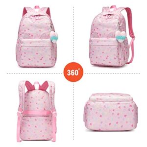 Reqinqin Kids Backpack Girls And Boys Pink Waterproof Large Space School Backpack Suitable for Age for Over 6 Years old Lightweight Travel Cat Ear Heart Keychain Toddler Backpack（Pink Heart）