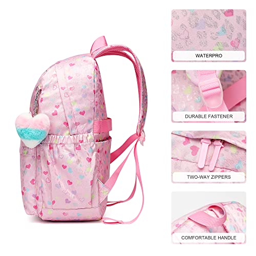 Reqinqin Kids Backpack Girls And Boys Pink Waterproof Large Space School Backpack Suitable for Age for Over 6 Years old Lightweight Travel Cat Ear Heart Keychain Toddler Backpack（Pink Heart）