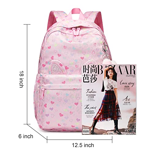 Reqinqin Kids Backpack Girls And Boys Pink Waterproof Large Space School Backpack Suitable for Age for Over 6 Years old Lightweight Travel Cat Ear Heart Keychain Toddler Backpack（Pink Heart）