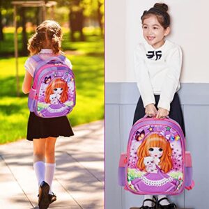 TFCRDX Kids Girls Cute SchoolBags l Comic Cat l Waterproof Lightweight l Preschool Elementary l Children's Backpacks l for Age 4+ l Purple & Light Red