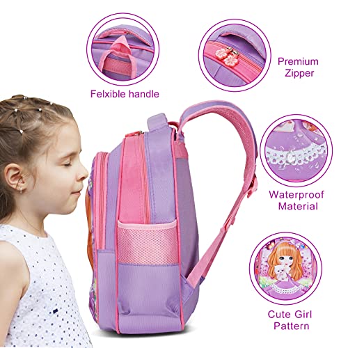 TFCRDX Kids Girls Cute SchoolBags l Comic Cat l Waterproof Lightweight l Preschool Elementary l Children's Backpacks l for Age 4+ l Purple & Light Red