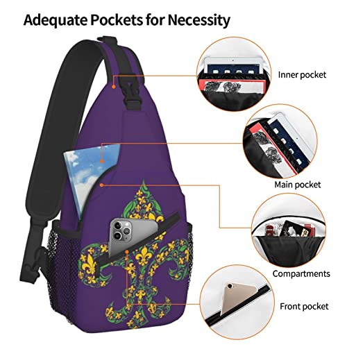 Sling Backpack Purple Fleur Mardi Gras Travel Hiking Daypack Pattern Rope Crossbody Shoulder Bag