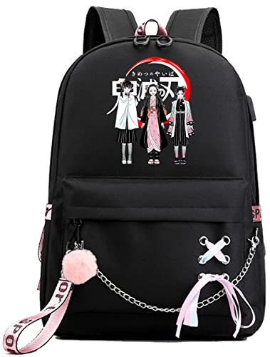 LOVEYANGAG Anime Backpack Tsuyuri Kanao Kamado Nezuko Kochou Shinobu Colleage Bookbag School Bag Casual Daypack Mochila with USB Charging Port