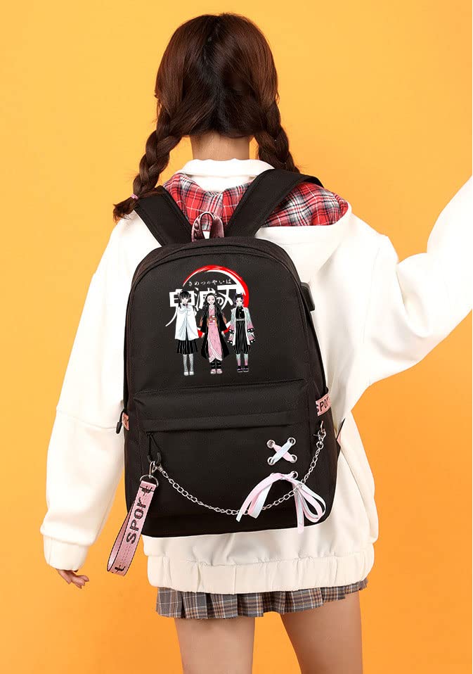 LOVEYANGAG Anime Backpack Tsuyuri Kanao Kamado Nezuko Kochou Shinobu Colleage Bookbag School Bag Casual Daypack Mochila with USB Charging Port