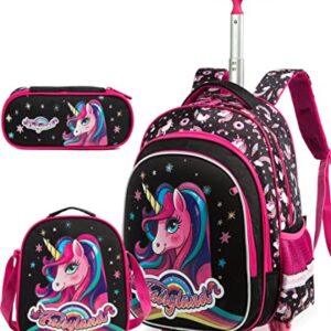 Girls Boys Kids Rolling Backpack with Wheels Trolley School Bag Waterproof Travel Luggage for Kids Girls and Students lunch bag Lightweight and Multi functional(Black Unicorn 16inch)