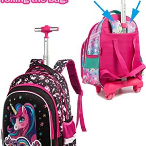 Girls Boys Kids Rolling Backpack with Wheels Trolley School Bag Waterproof Travel Luggage for Kids Girls and Students lunch bag Lightweight and Multi functional(Black Unicorn 16inch)