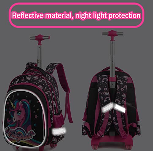 Girls Boys Kids Rolling Backpack with Wheels Trolley School Bag Waterproof Travel Luggage for Kids Girls and Students lunch bag Lightweight and Multi functional(Black Unicorn 16inch)