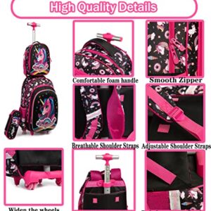 Girls Boys Kids Rolling Backpack with Wheels Trolley School Bag Waterproof Travel Luggage for Kids Girls and Students lunch bag Lightweight and Multi functional(Black Unicorn 16inch)