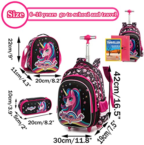 Girls Boys Kids Rolling Backpack with Wheels Trolley School Bag Waterproof Travel Luggage for Kids Girls and Students lunch bag Lightweight and Multi functional(Black Unicorn 16inch)