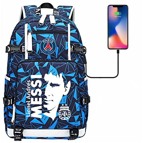 Jotolan Kids Messi Durable School Backpack-Boys PSG Lightweight Bookbag Canvas Travel Backpack with USB Charging Port, Blue, One Size