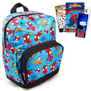 fast forward new york marvel spiderman preschool backpack for kids, toddlers – 4 pc school supplies bundle with canvas spidey 10” mini backpack, stickers, tattoos, and more