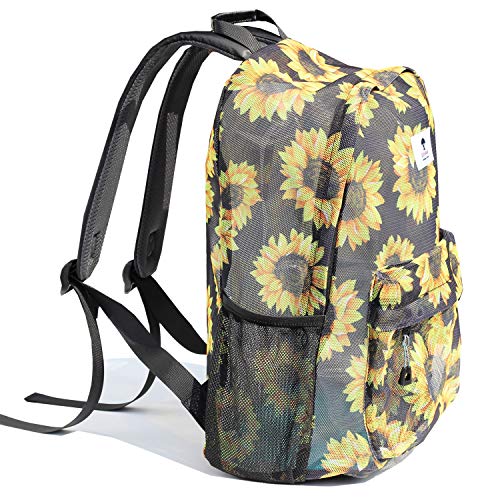 ESVAN Original Print Mesh Backpack Semi-Transparent Sackpack See Through Beach Bag Daypack Multi-Purpose Women Men Unisex (Sunflower)