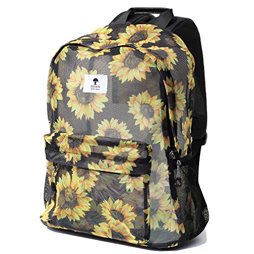 ESVAN Original Print Mesh Backpack Semi-Transparent Sackpack See Through Beach Bag Daypack Multi-Purpose Women Men Unisex (Sunflower)