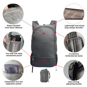 LYMAYDA 20L Ultra Lightweight Thin Backpack Only 3 Ounces Water Resistant Packable Foldable Small Pack Outdoor Travel Hiking Daypacks (Grey)