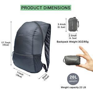 LYMAYDA 20L Ultra Lightweight Thin Backpack Only 3 Ounces Water Resistant Packable Foldable Small Pack Outdoor Travel Hiking Daypacks (Grey)