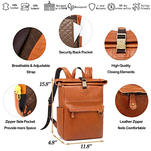 G-FAVOR Leather Backpack Vintage Laptop Rucksack Large Waterproof Bookbag College School Daypack for Men and Women - Brown